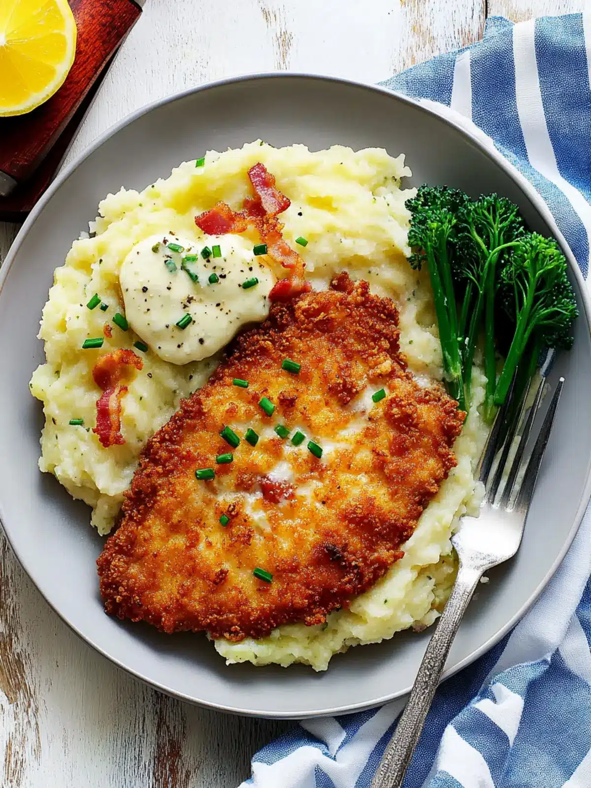Easy Chicken Schnitzel with Delicious Cheese and Bacon Mash