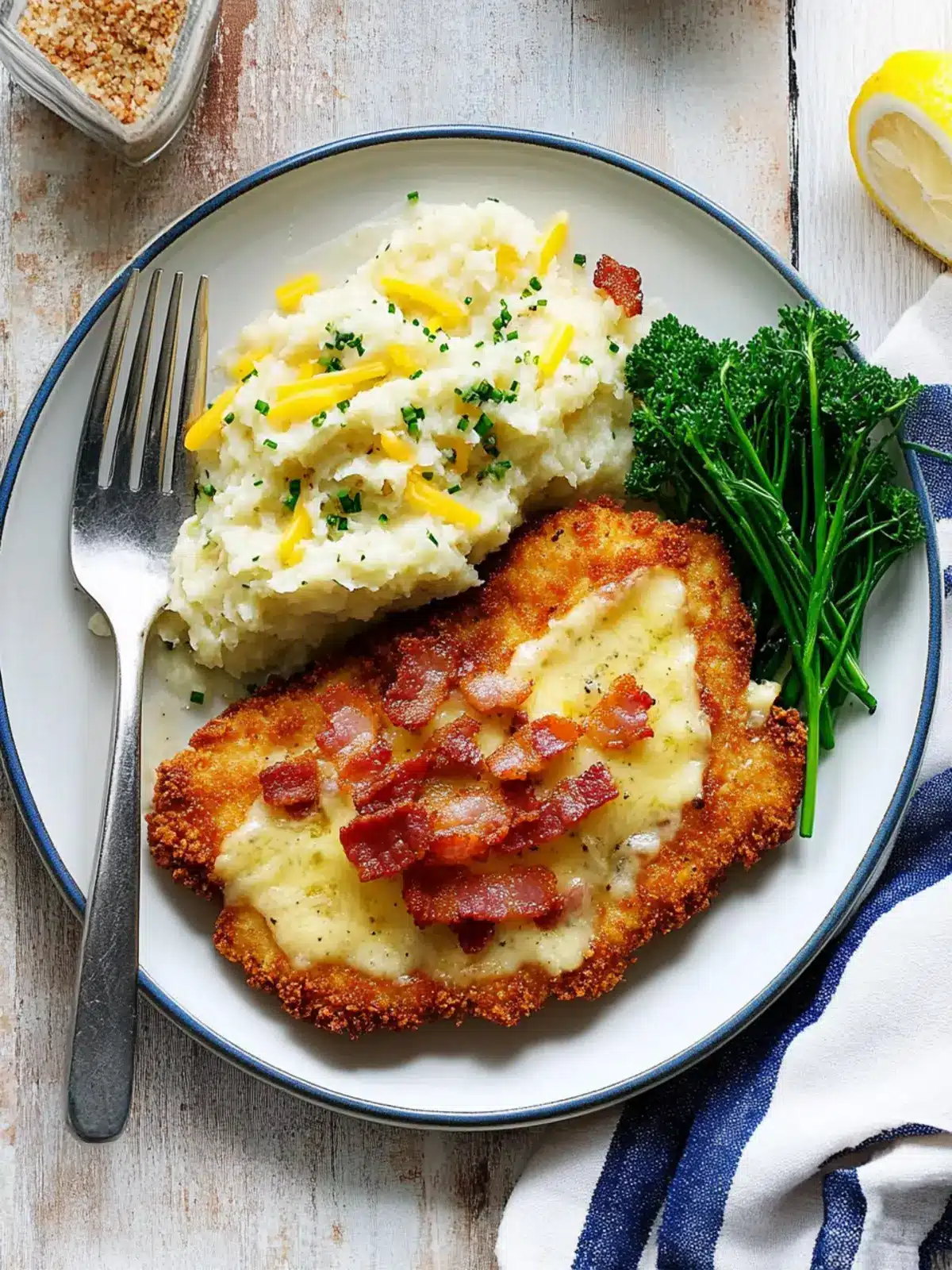 Easy Chicken Schnitzel with Delicious Cheese and Bacon Mash