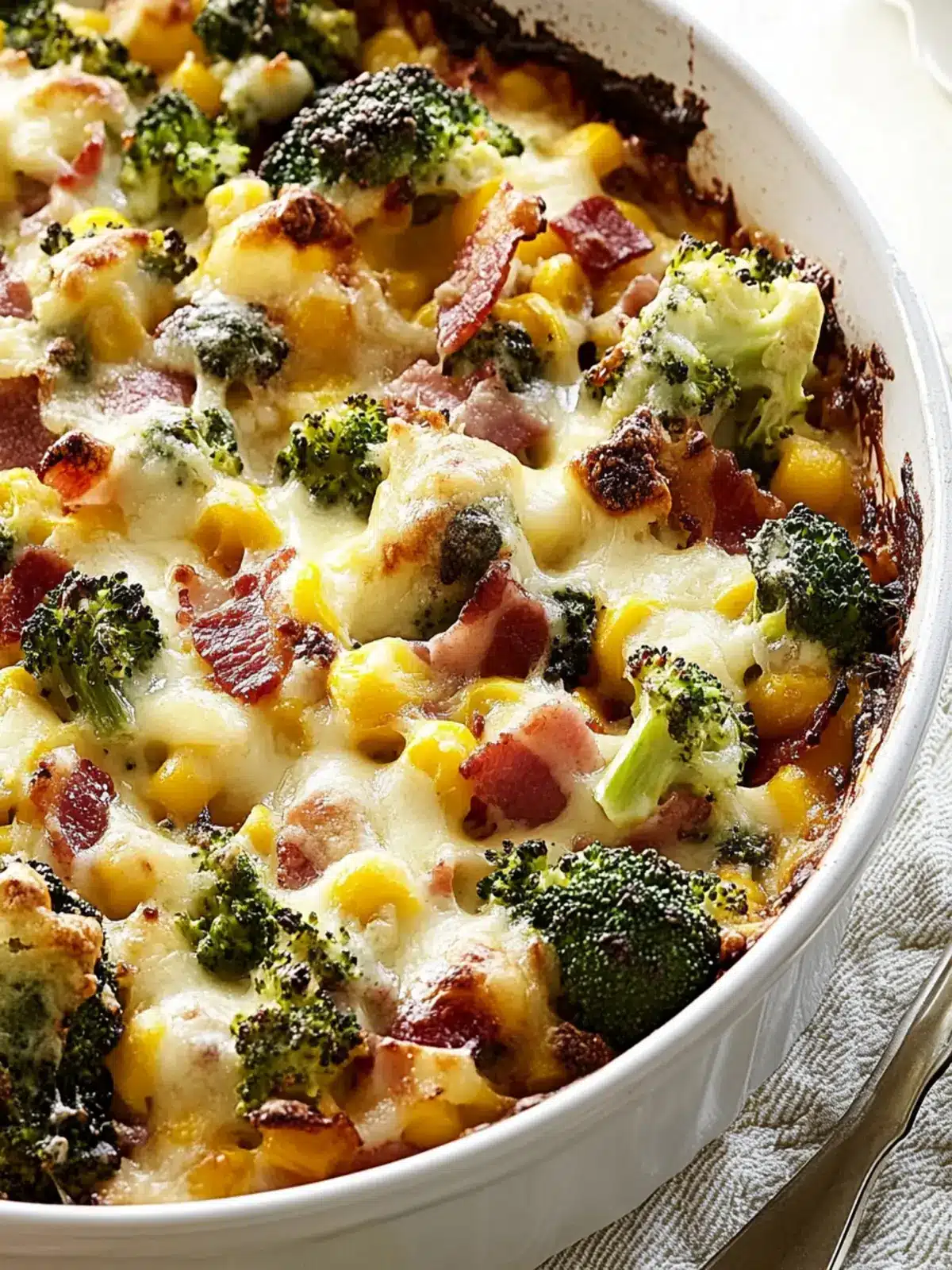Ultimate Broccoli Corn Bacon and Mozzarella Cheese Bake